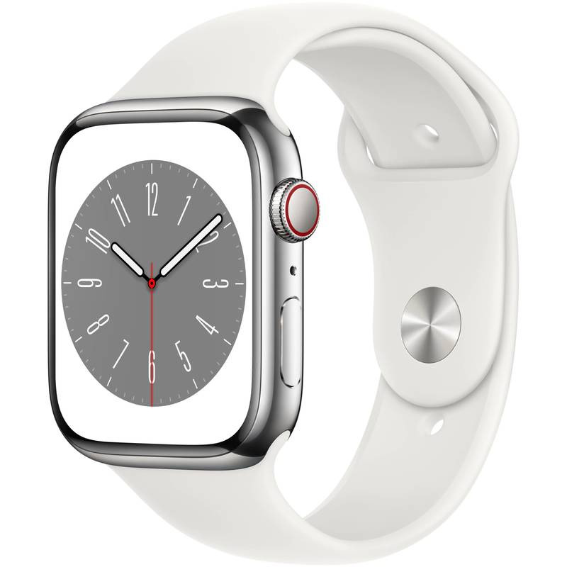 SmartWatch Apple Watch S8, 45mm Stainless Steel Silver cu White Sport ...